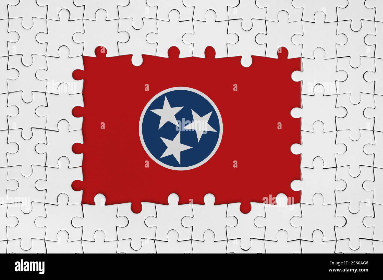 Tennessee US state flag in frame of white puzzle pieces with missing ...