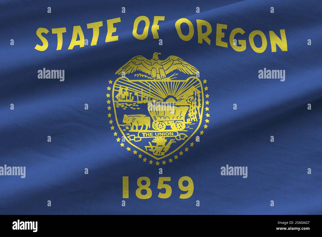 Oregon US state flag with big folds waving close up under the studio ...