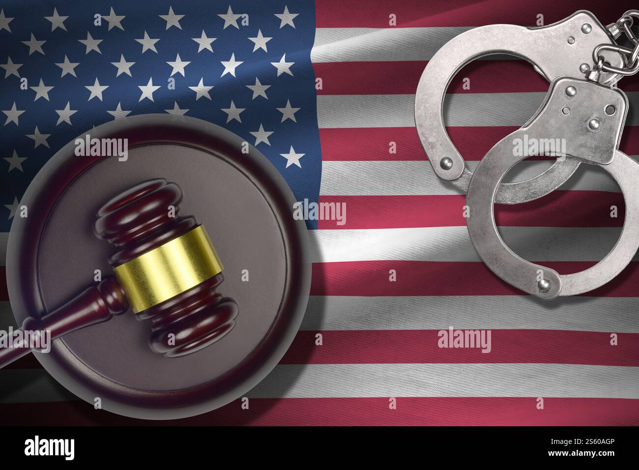 United States of America flag with judge mallet and handcuffs in dark ...