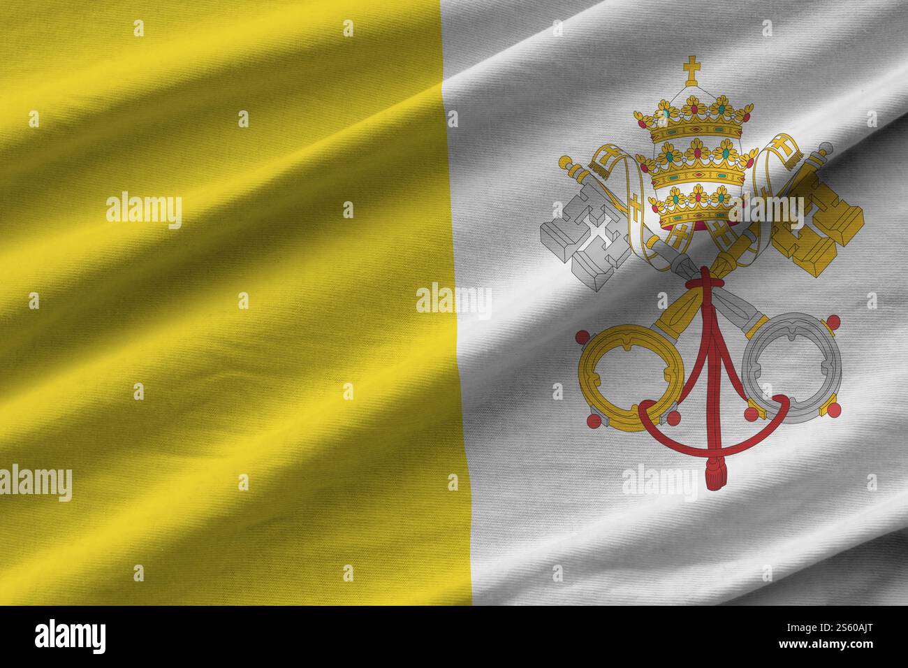 Vatican City State flag with big folds waving close up under the studio ...