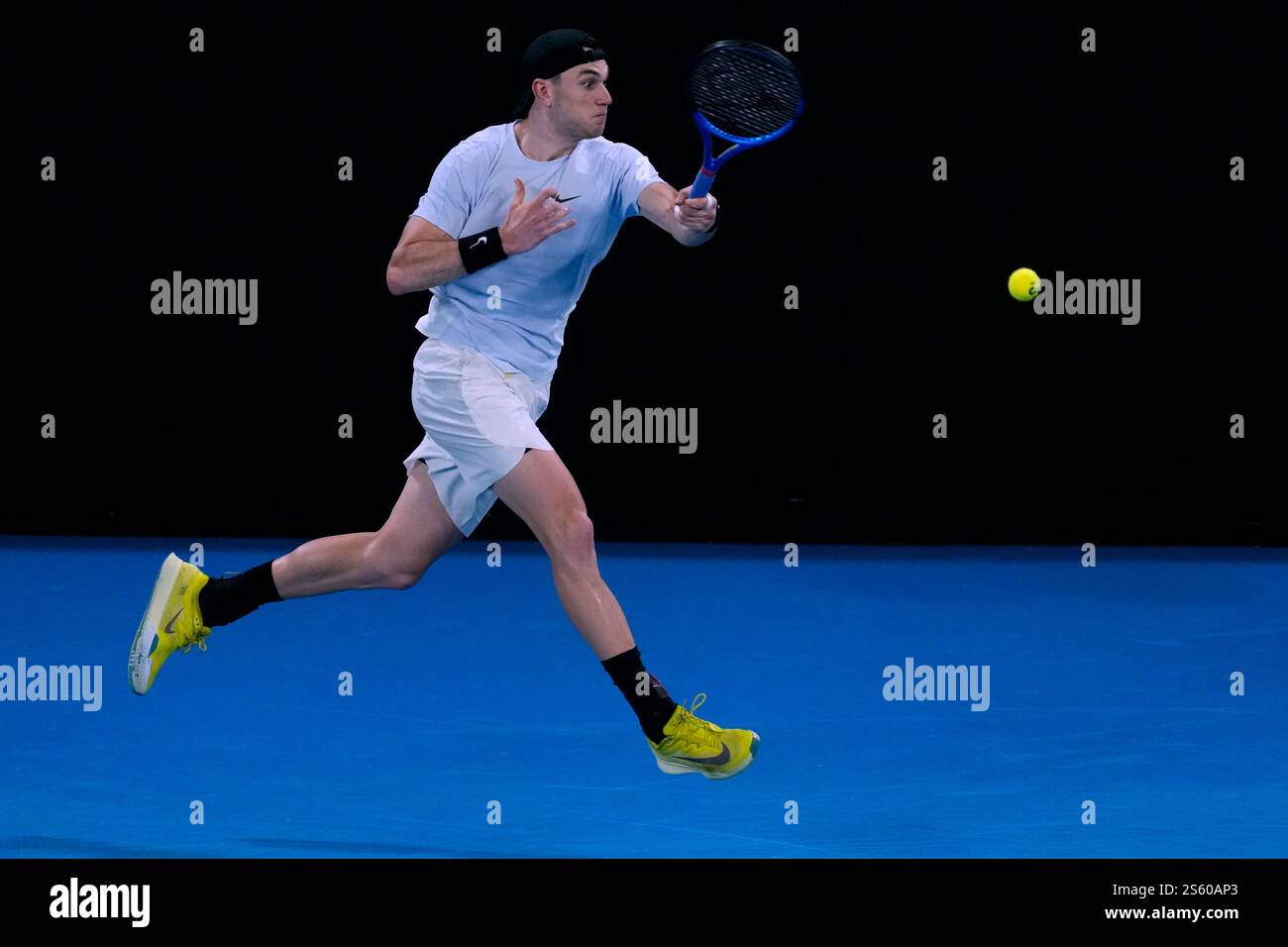 Jack Draper of Britain plays a forehand return to Thanasi Kokkinakis of ...