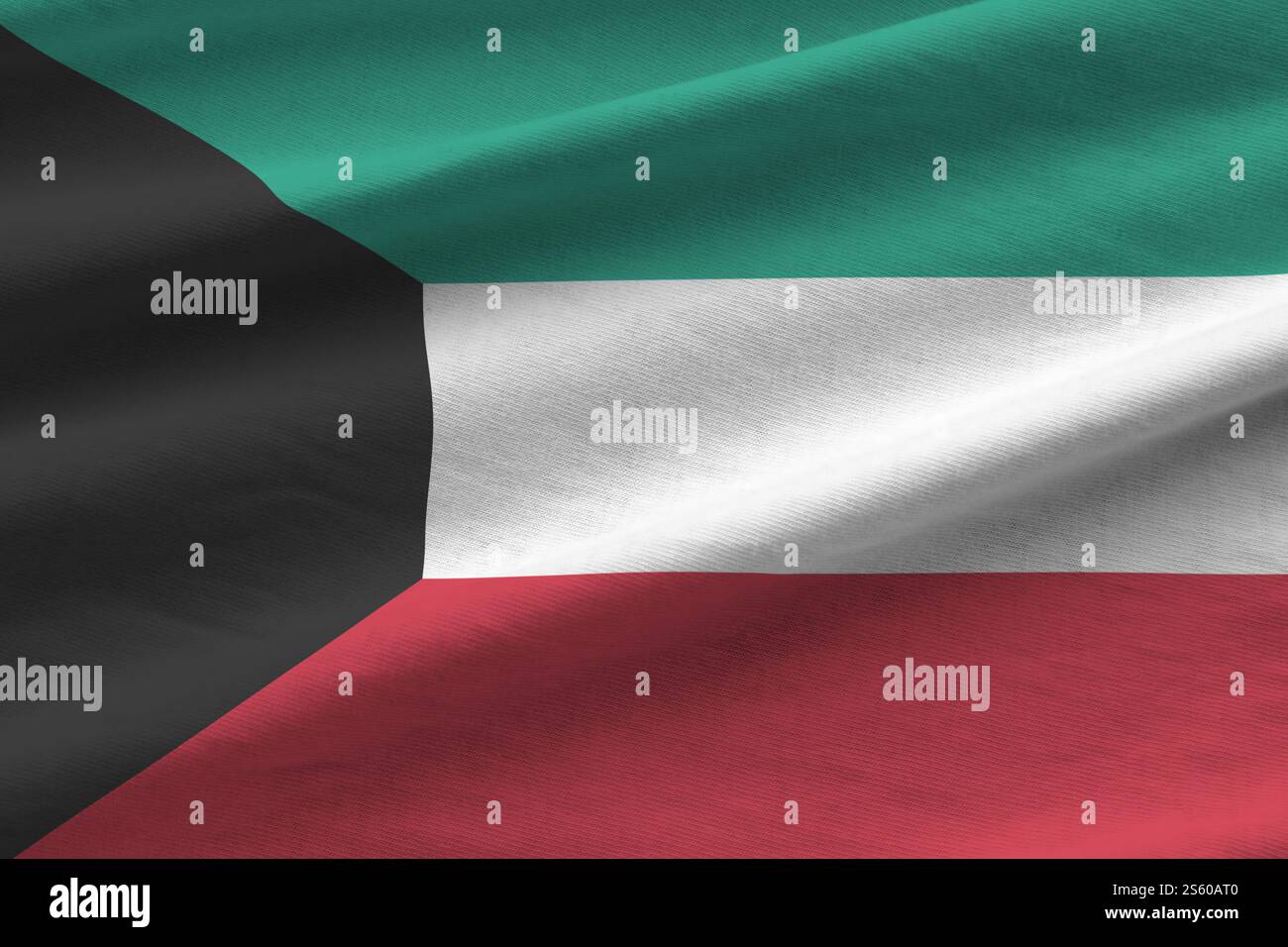 Kuwait flag with big folds waving close up under the studio light ...