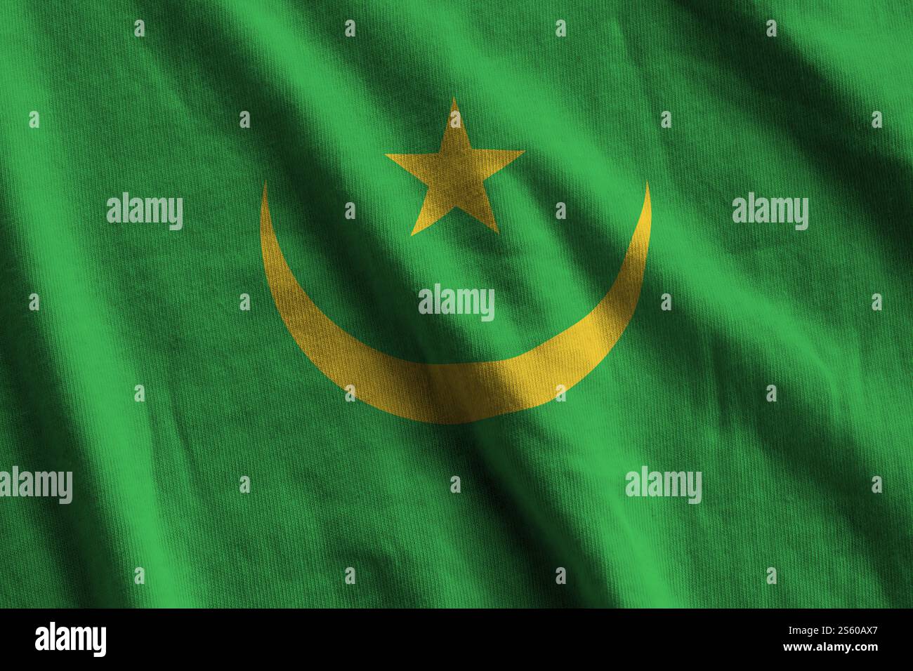Mauritania flag with big folds waving close up under the studio light ...