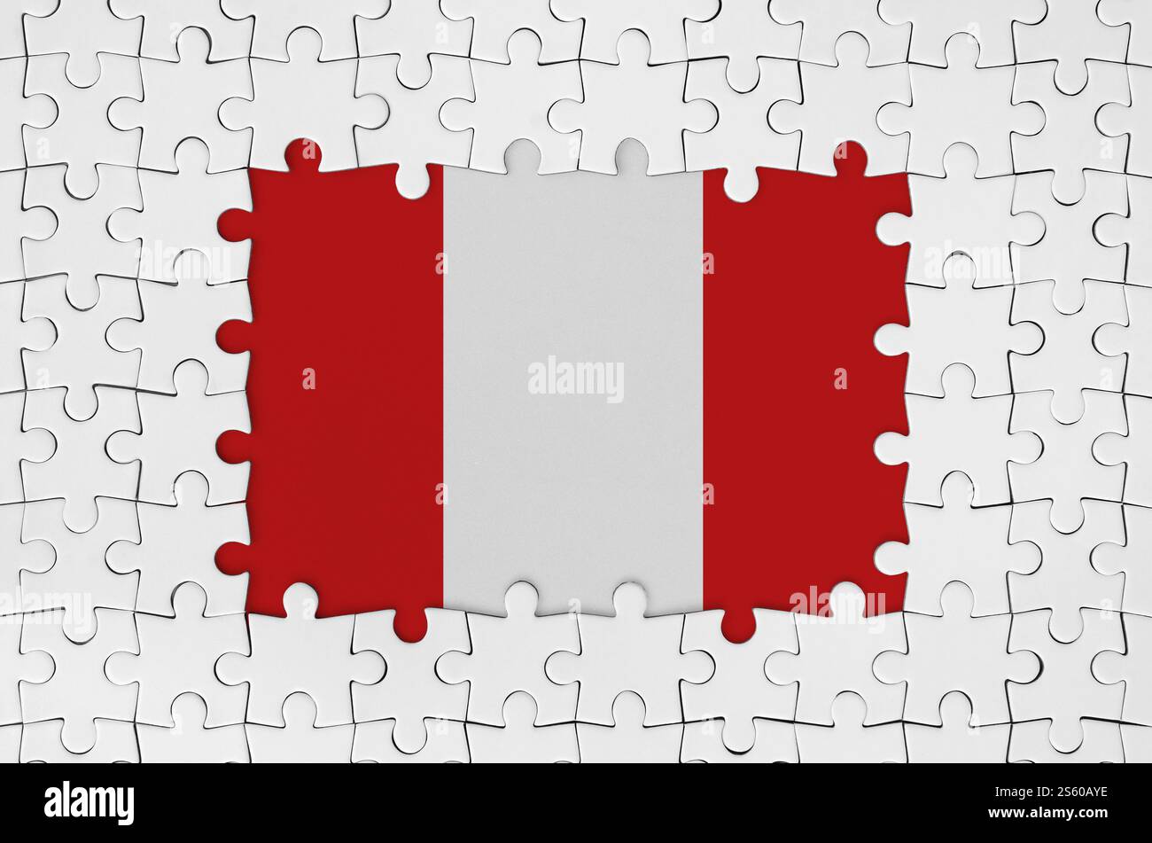Peru flag in frame of white puzzle pieces with missing central parts ...