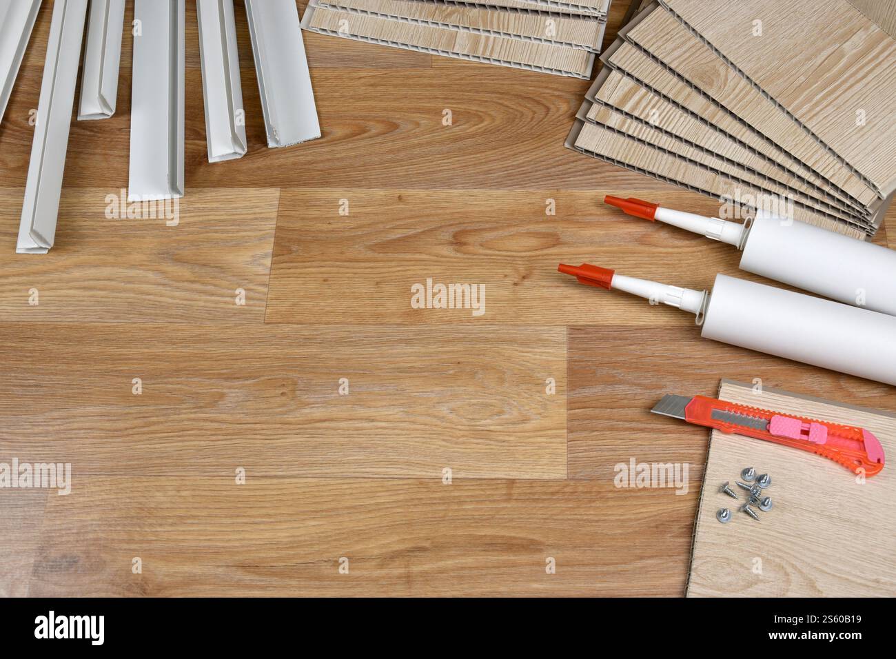 Set of items for PVC ceiling indoor works. Assembly adhesive bottles ...