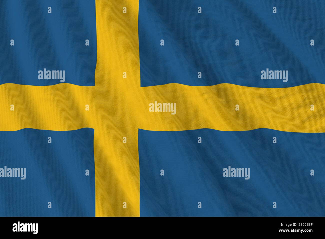 Sweden flag with big folds waving close up under the studio light ...