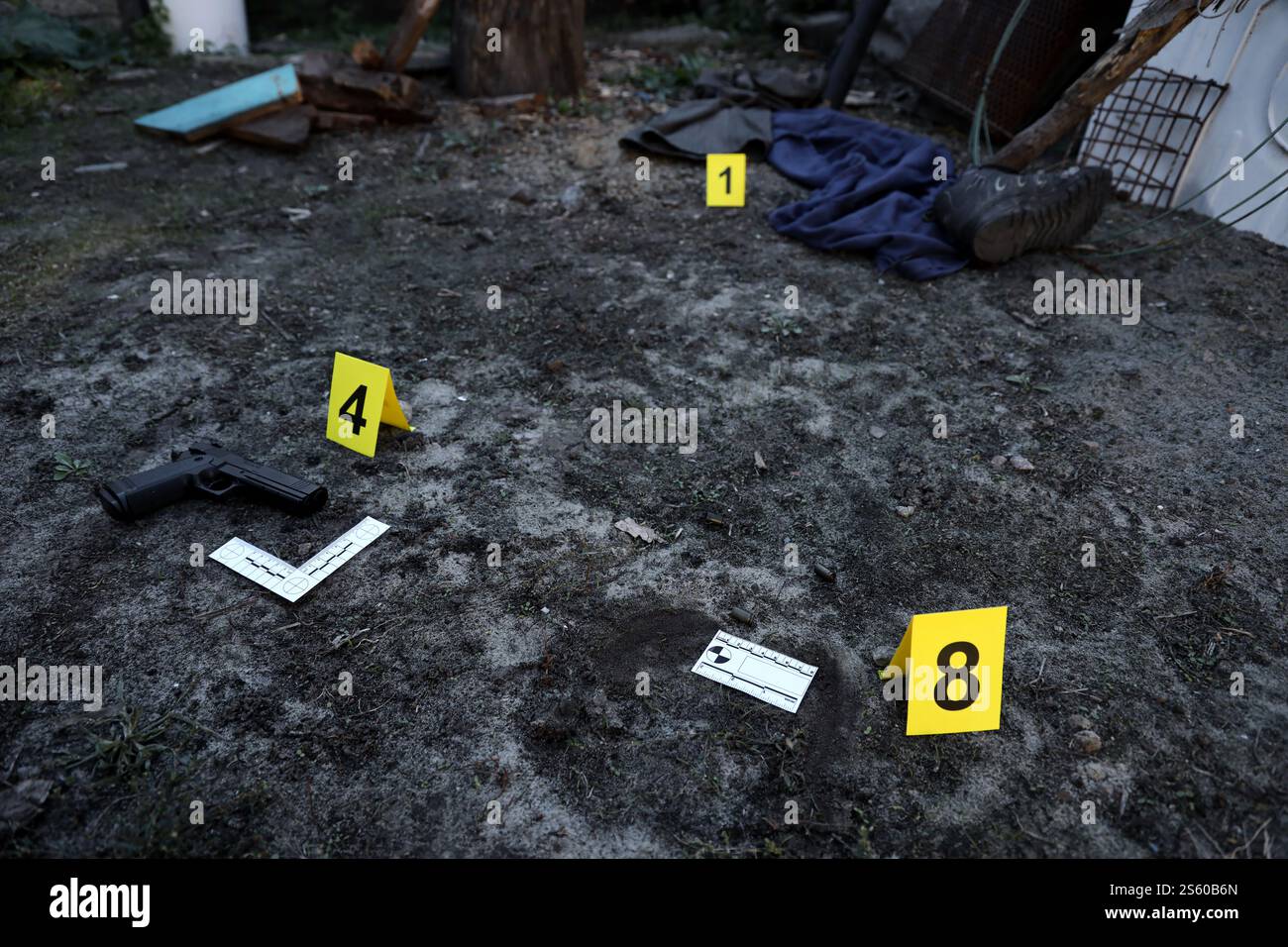 Evidence with yellow CSI marker for evidence numbering on the ...