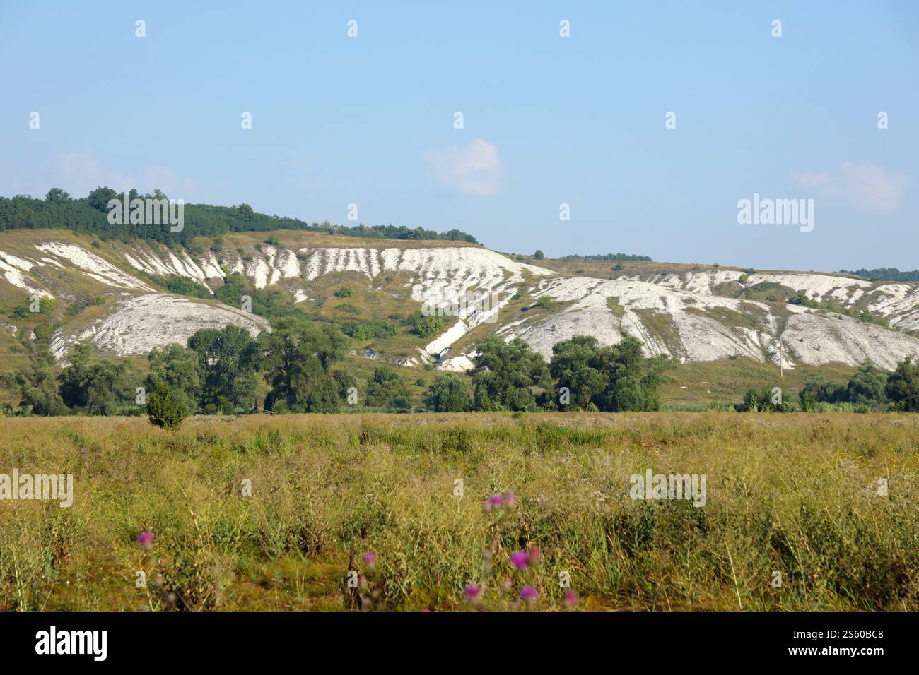 Ancient multimillion chalk mountains on the steppe surface of earth ...