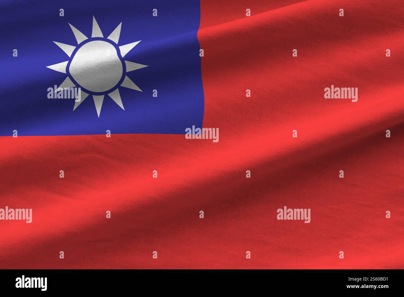 Taiwan flag with big folds waving close up under the studio light ...