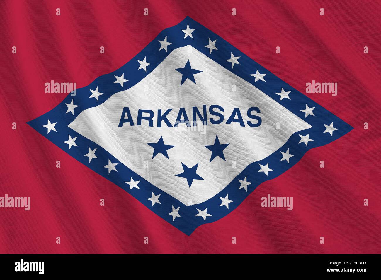 Arkansas US state flag with big folds waving close up under the studio ...