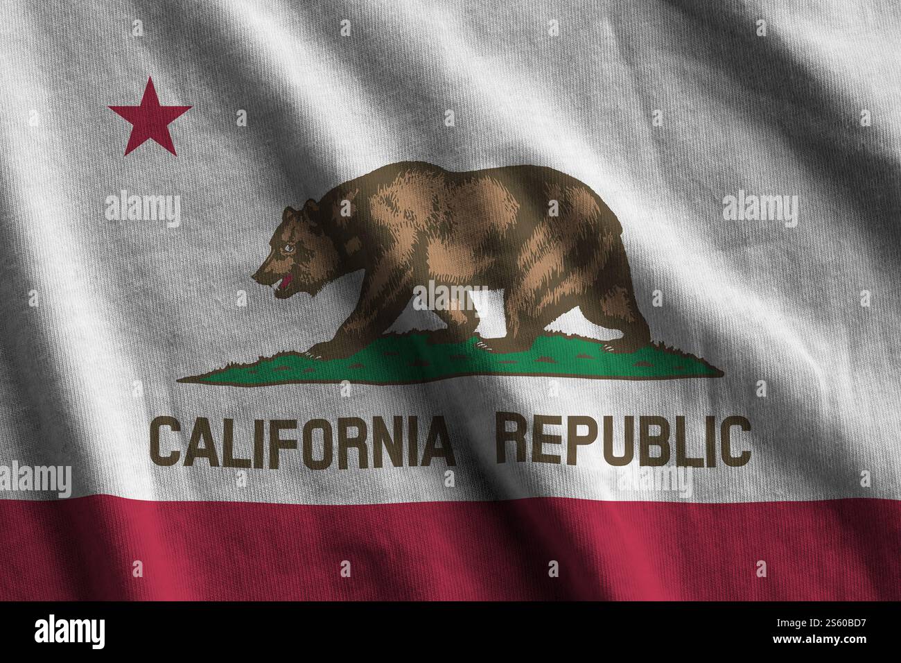 California US state flag with big folds waving close up under the ...