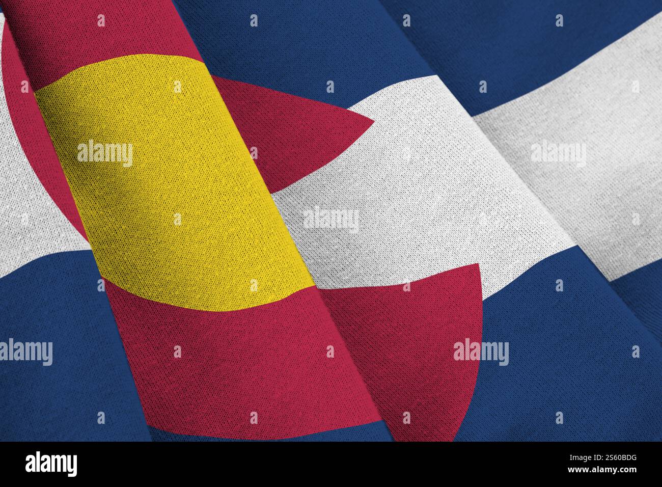Colorado US state flag with big folds waving close up under the studio ...