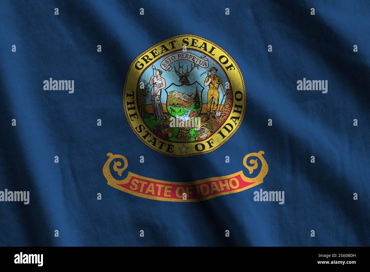 Idaho US state flag with big folds waving close up under the studio ...