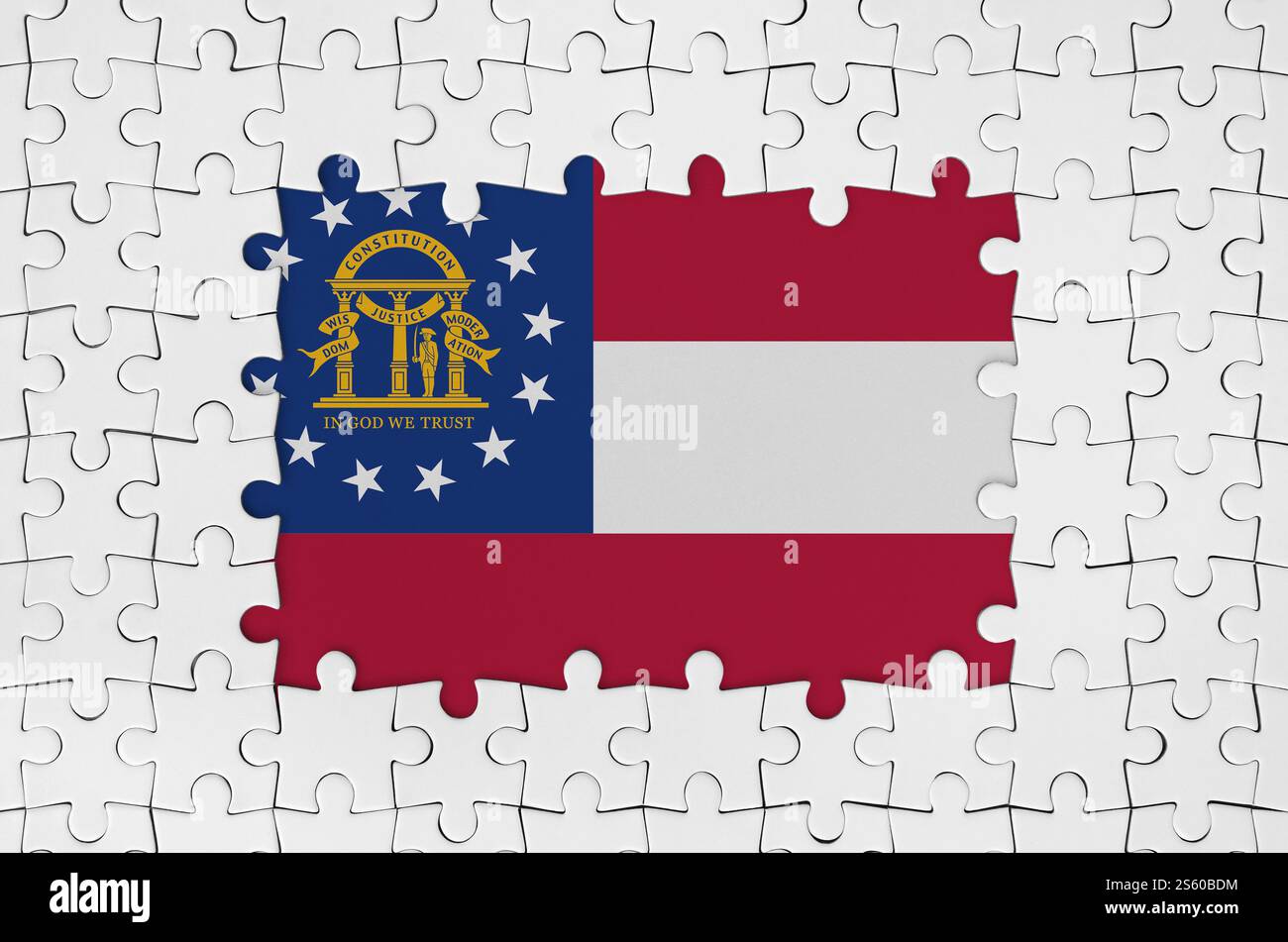 Georgia US state flag in frame of white puzzle pieces with missing ...