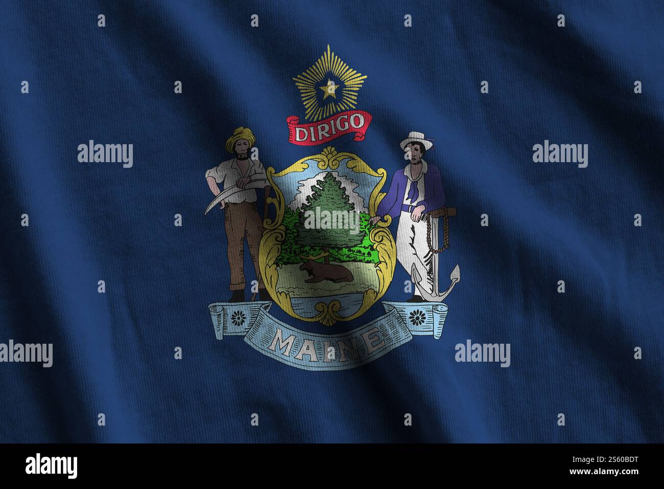 Maine US state flag with big folds waving close up under the studio ...