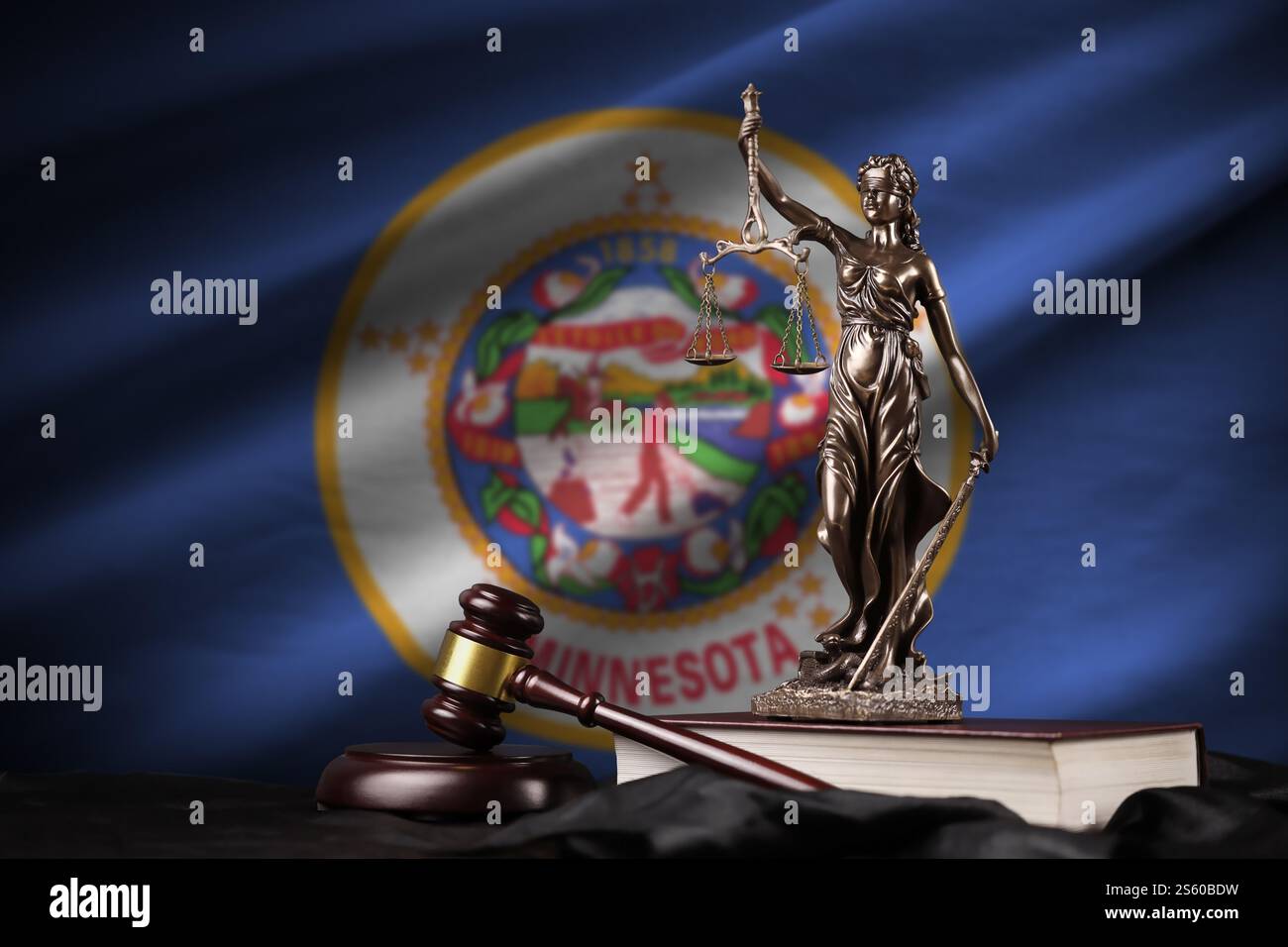 Minnesota US state flag with statue of lady justice, constitution and ...