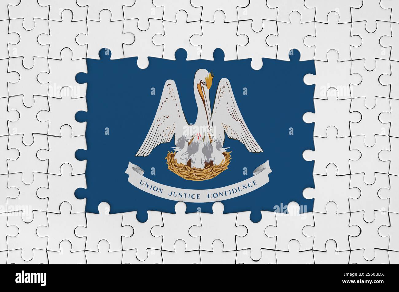 Louisiana US state flag in frame of white puzzle pieces with missing ...
