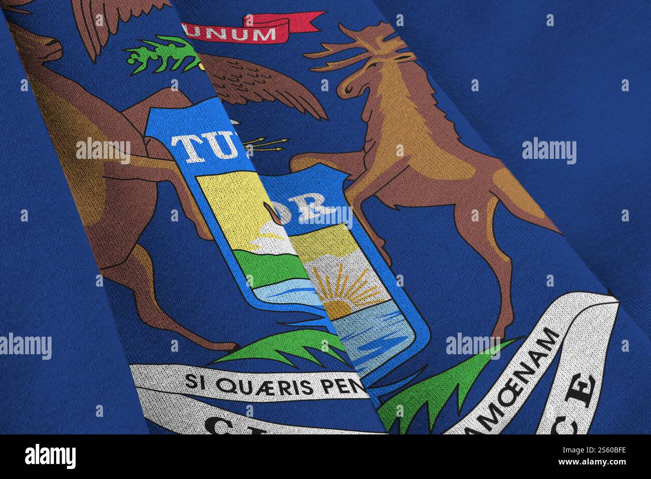 Michigan US state flag with big folds waving close up under the studio ...