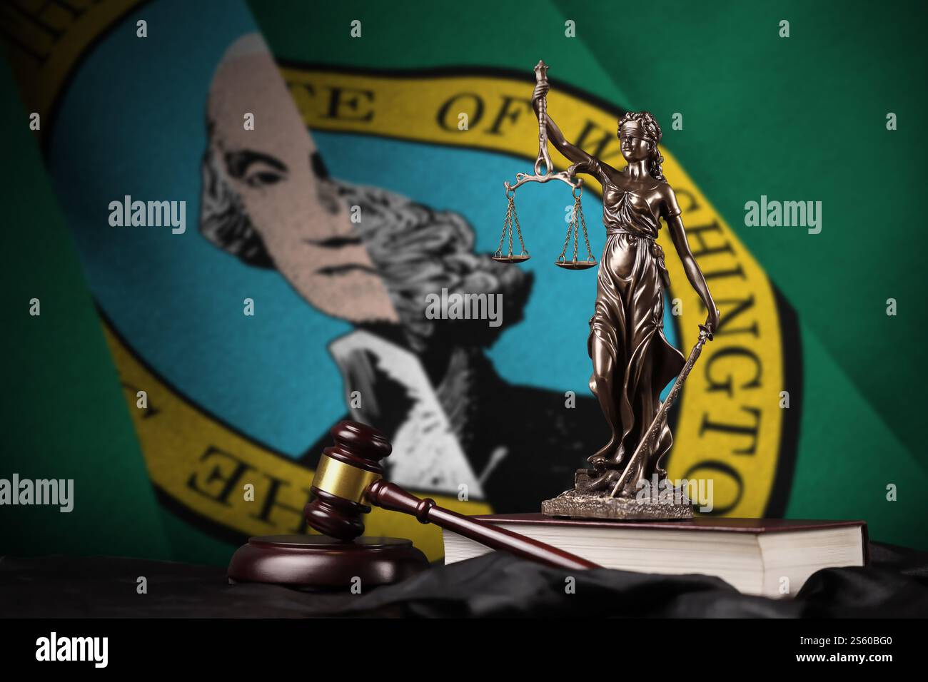 Washington US state flag with statue of lady justice, constitution and ...