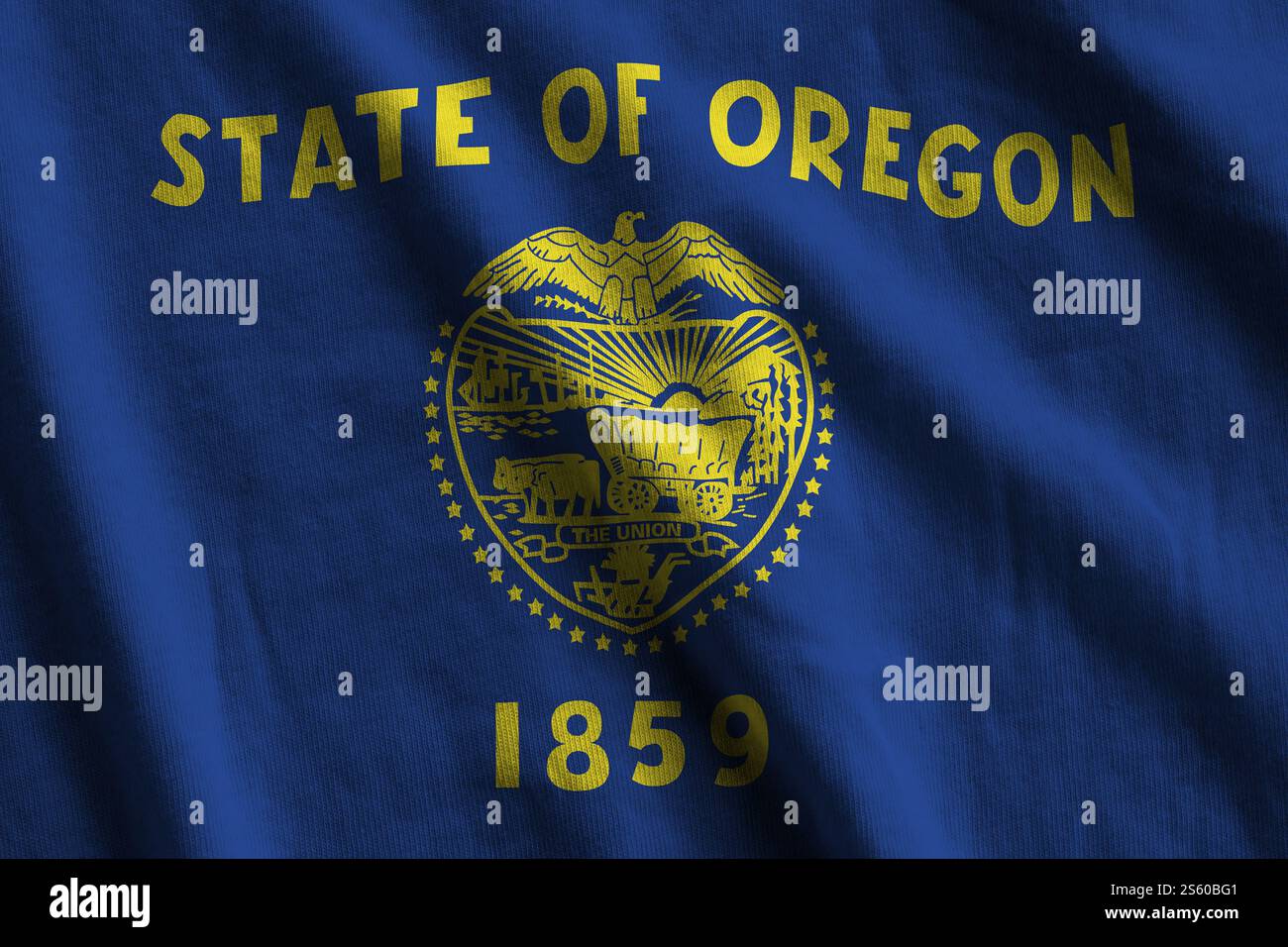 Oregon US state flag with big folds waving close up under the studio ...