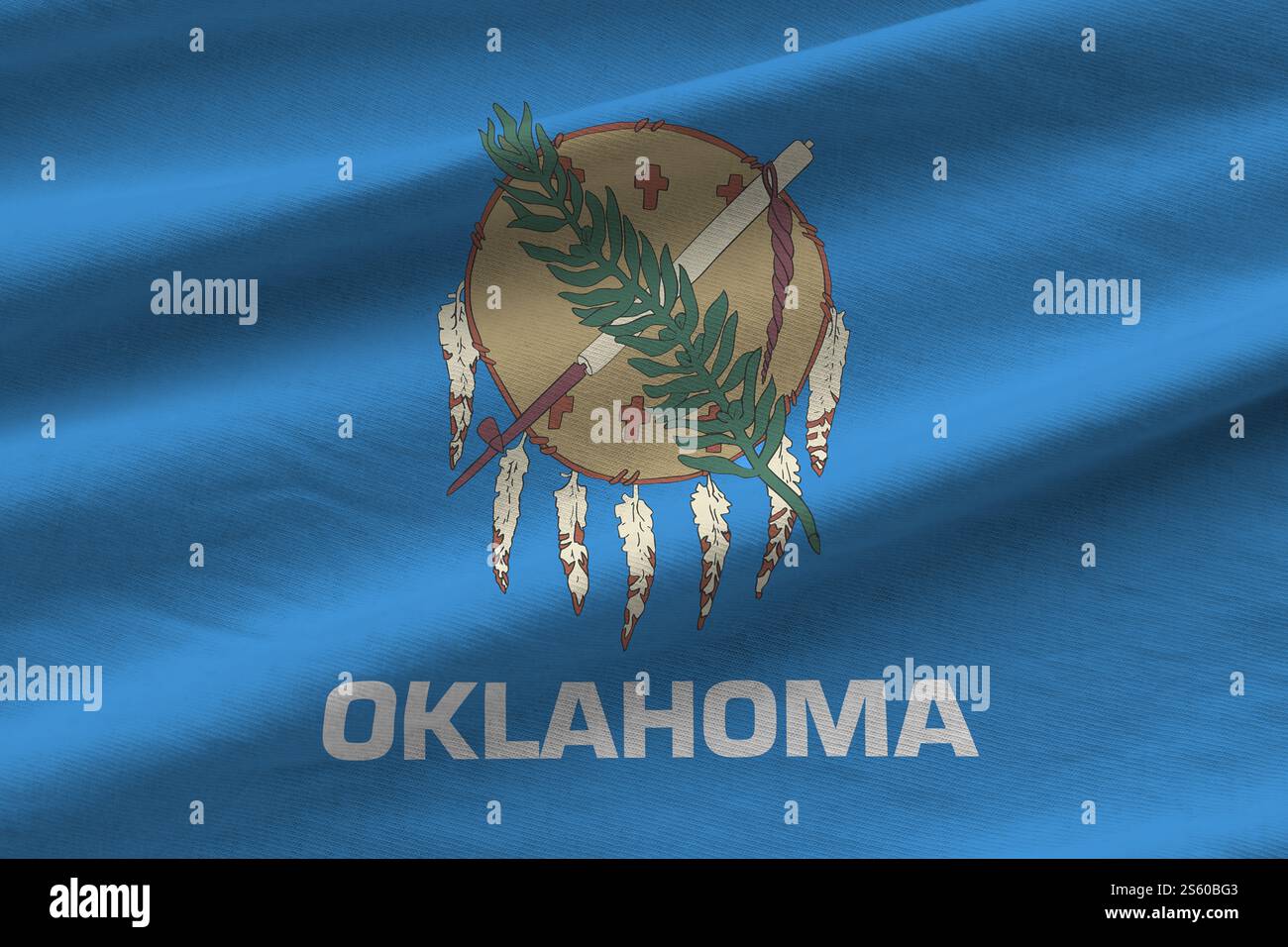Oklahoma US state flag with big folds waving close up under the studio ...