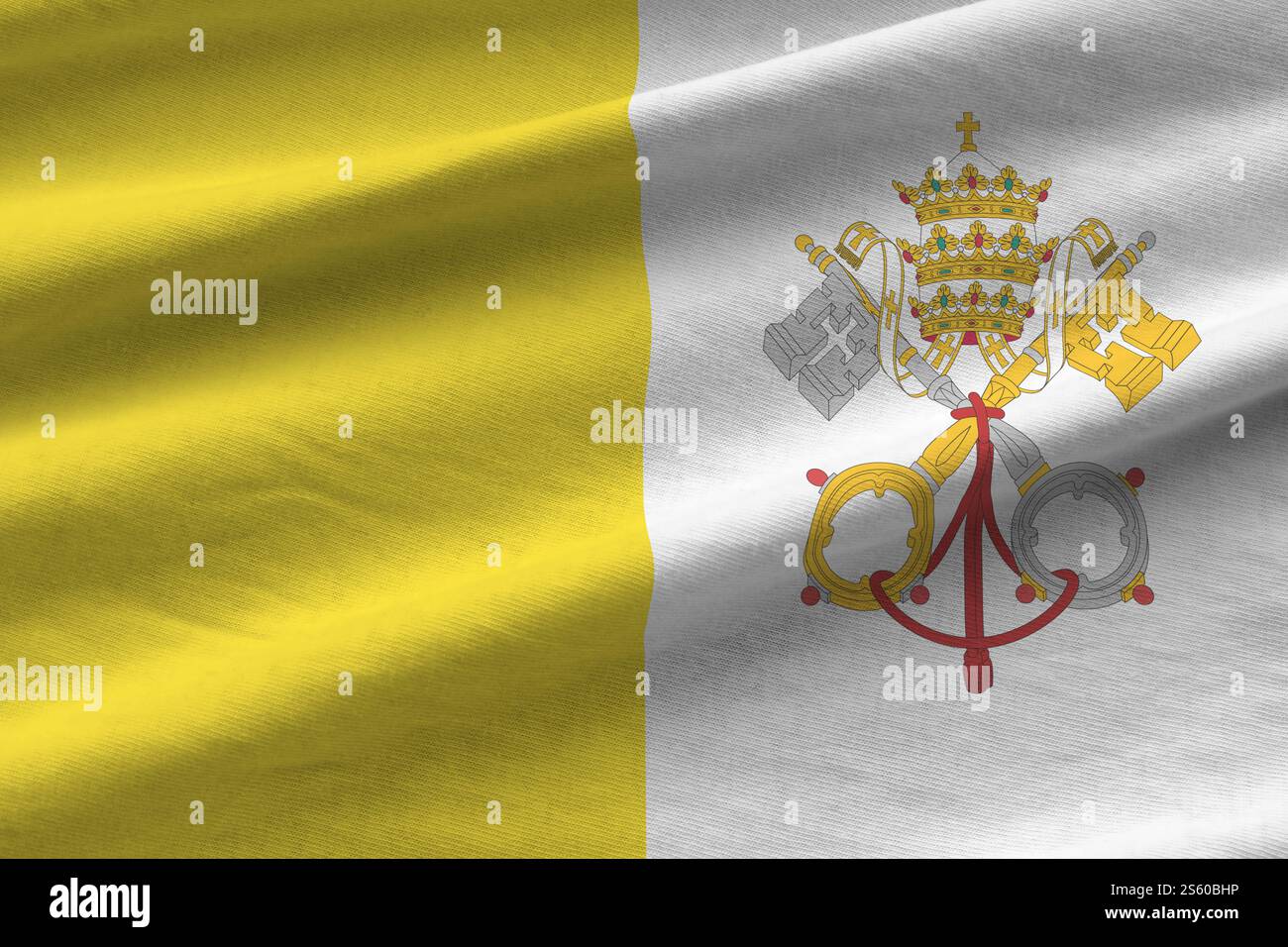 Vatican City State flag with big folds waving close up under the studio ...