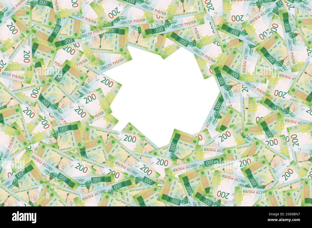 Monument to sunken ships on new green russian 200 rubles banknote close up. Monument to sunken ...