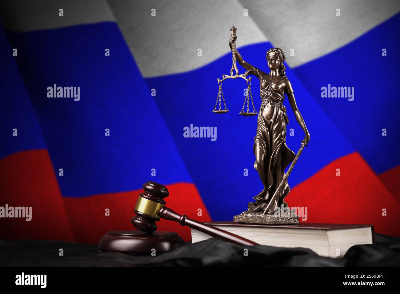 Russia flag with statue of lady justice, constitution and judge hammer ...