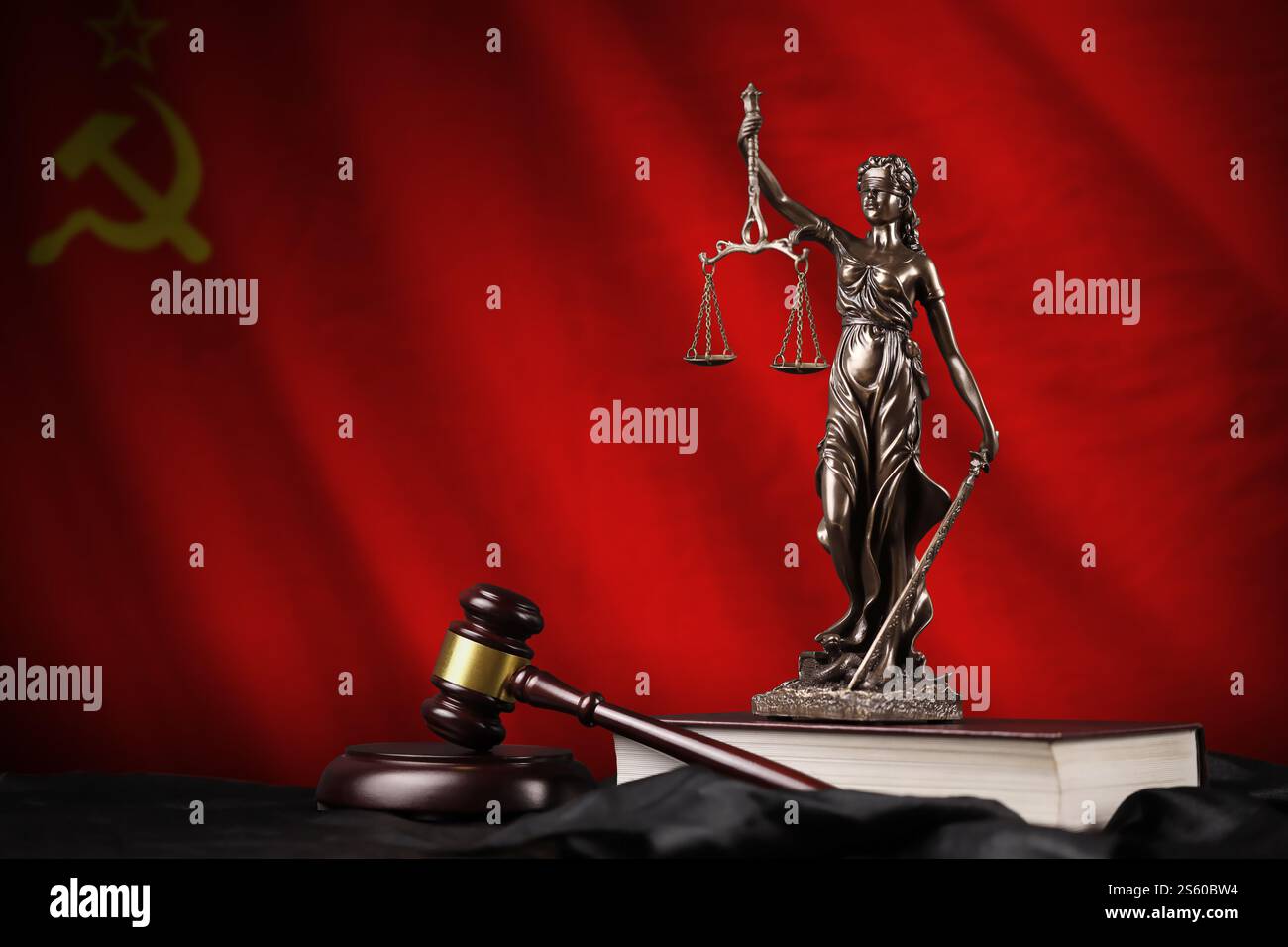 Soviet Union flag with statue of lady justice, constitution and judge ...