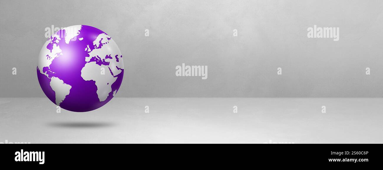 World globe, purple earth map, floating over a white background. 3D ...