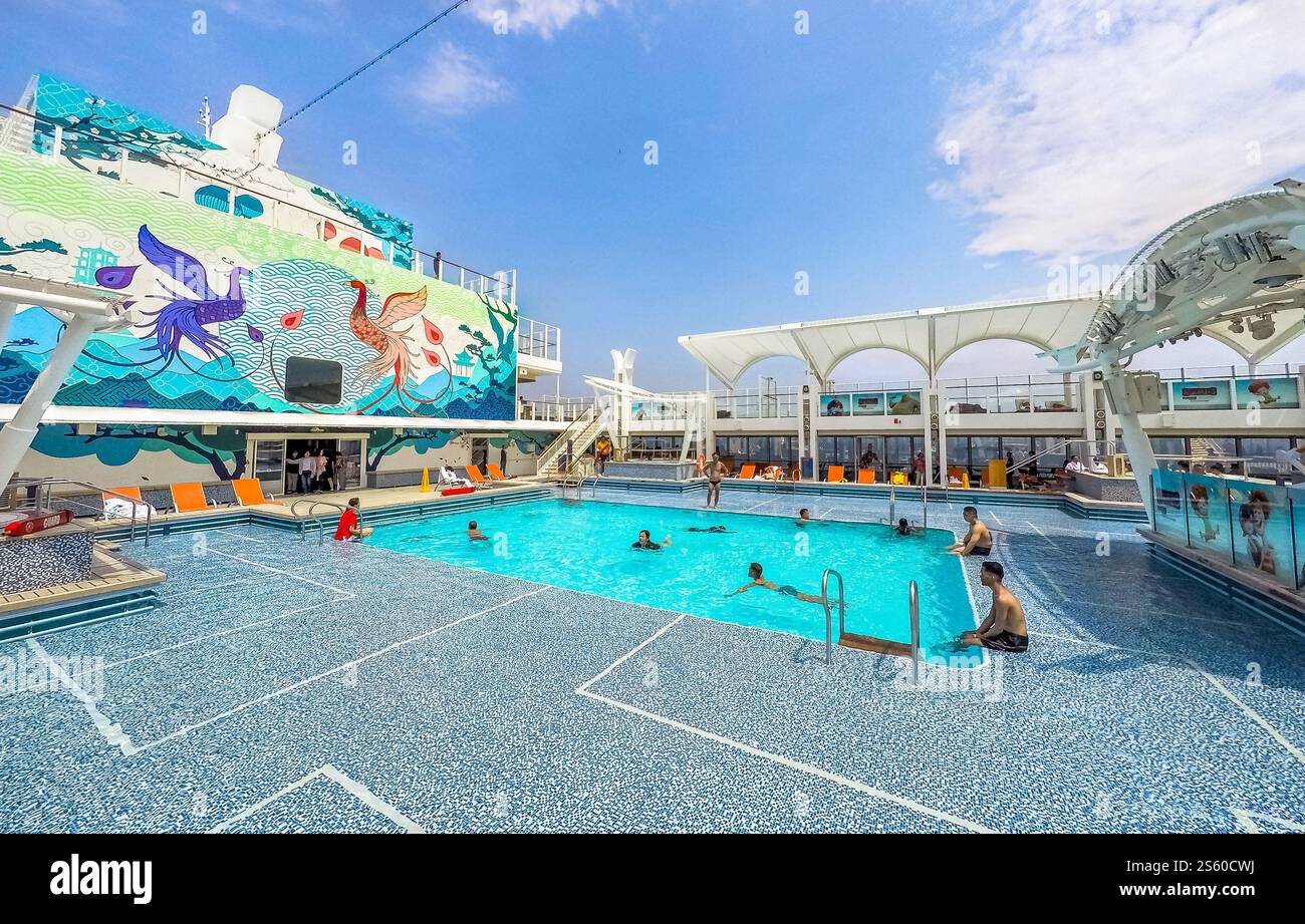 Pool deck onboard the giant Chinese cruise ship WORLD DREAM - Dream Cruise Line (Genting) - 2024 ...