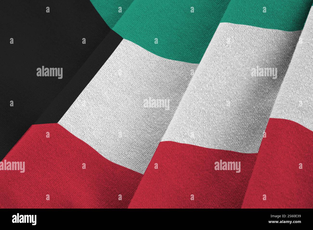 Kuwait flag with big folds waving close up under the studio light ...
