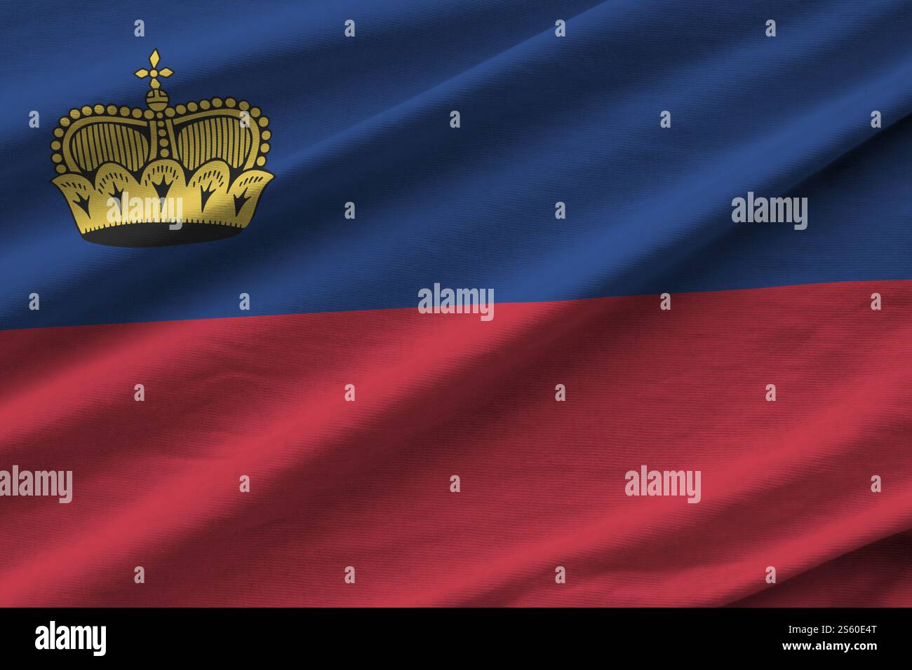 Liechtenstein flag with big folds waving close up under the studio ...