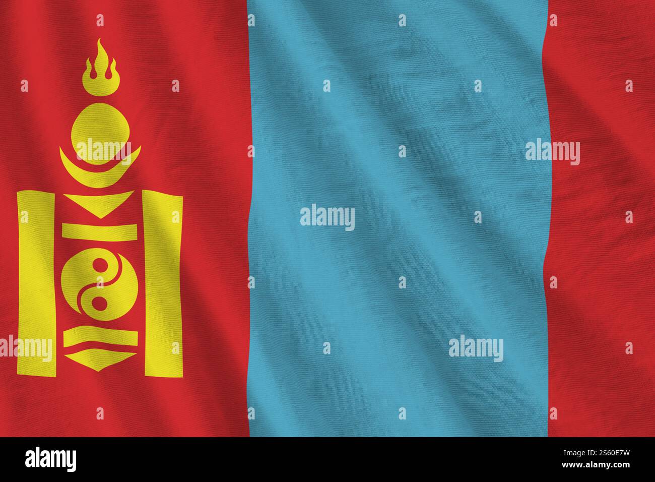 Mongolia flag with big folds waving close up under the studio light ...