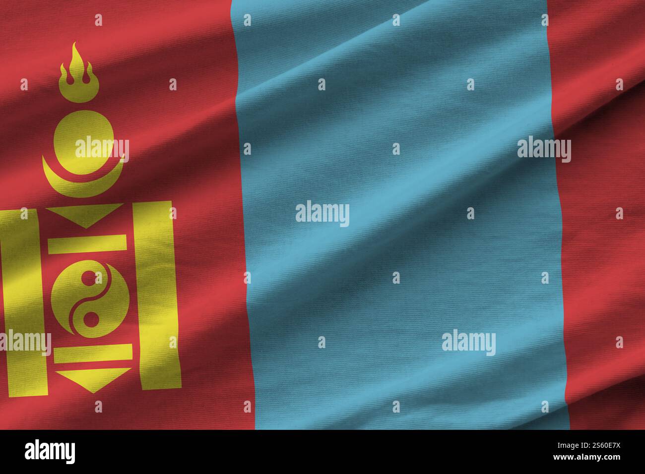 Mongolia flag with big folds waving close up under the studio light ...