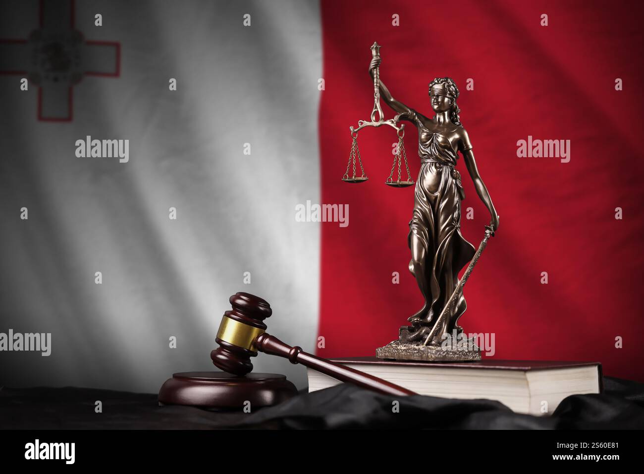 Malta flag with statue of lady justice, constitution and judge hammer ...