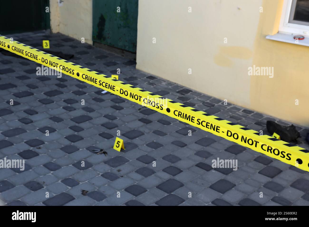 Crime scene tape for covering the area cordon. Yellow tape with blurred ...