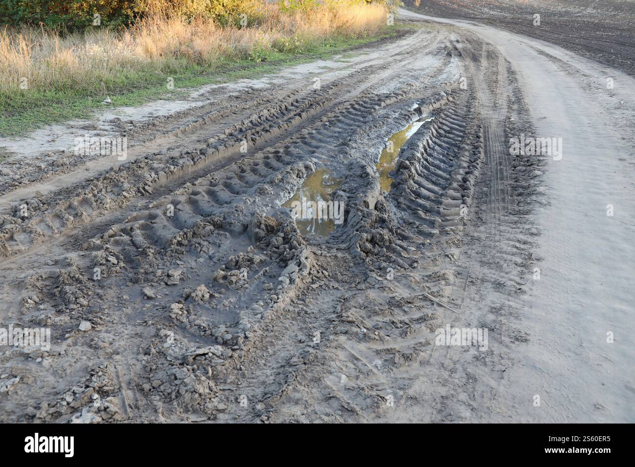 Autumn landscape with a curved road, on which traces of the tread of ...