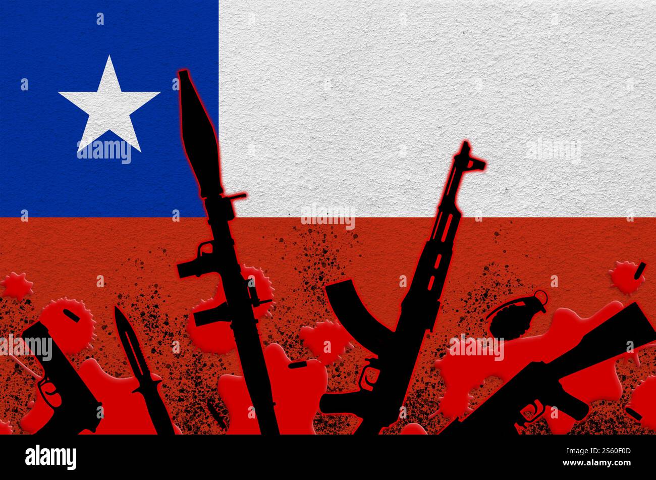 Chile flag and various weapons in red blood. Concept for terror attack ...