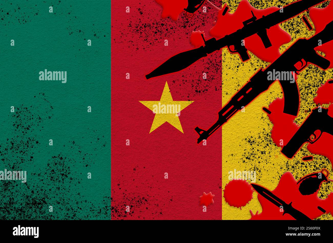 Cameroon flag and various weapons in red blood. Concept for terror ...