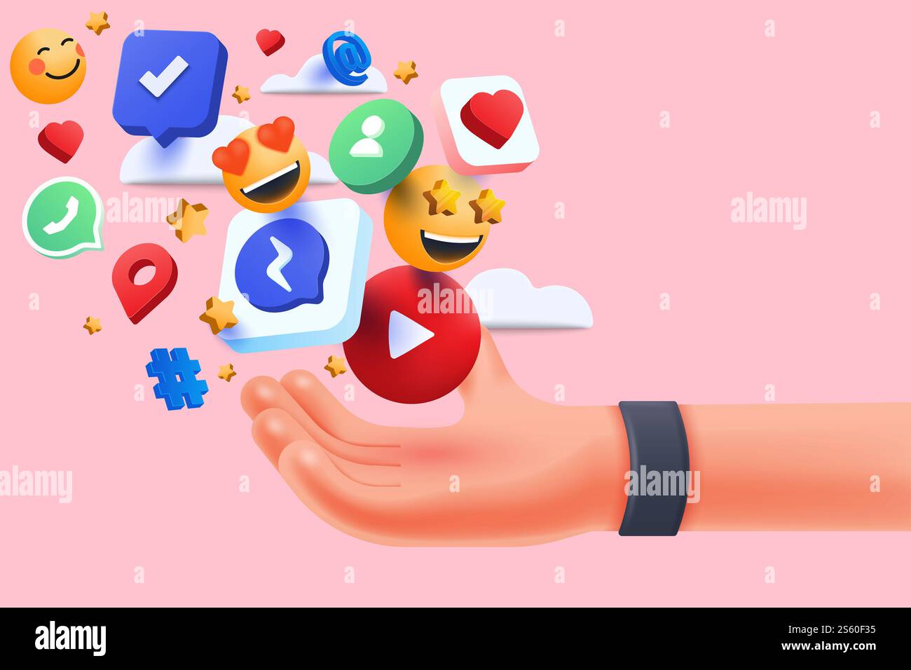 3D Hand holding Social media icons, online social communication ...