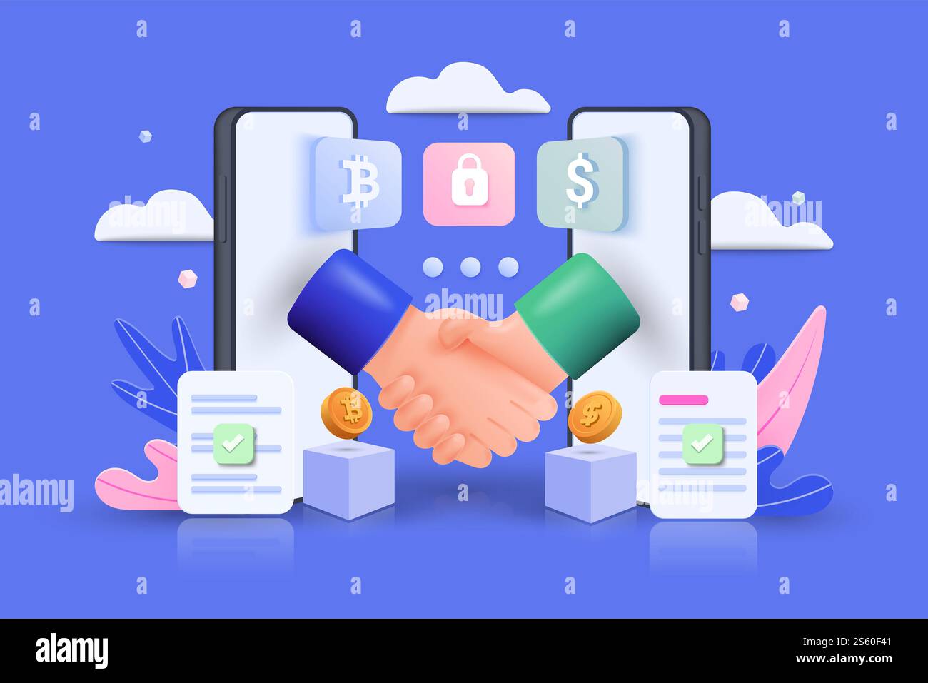 Smart digital contract with 3d shapes. Handshake coming out of two mobile phones isolated on ...