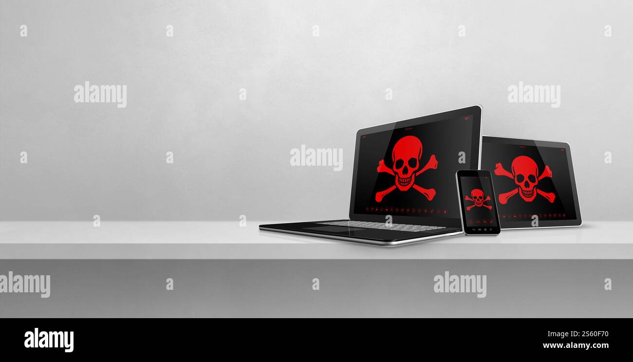 Laptop tablet pc and smartphone on a shelf with pirate symbols on ...