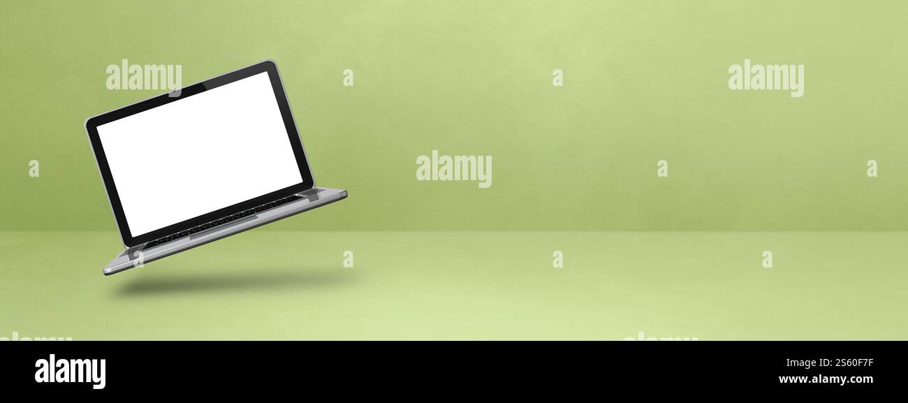Blank computer laptop floating over a green background. 3D isolated ...