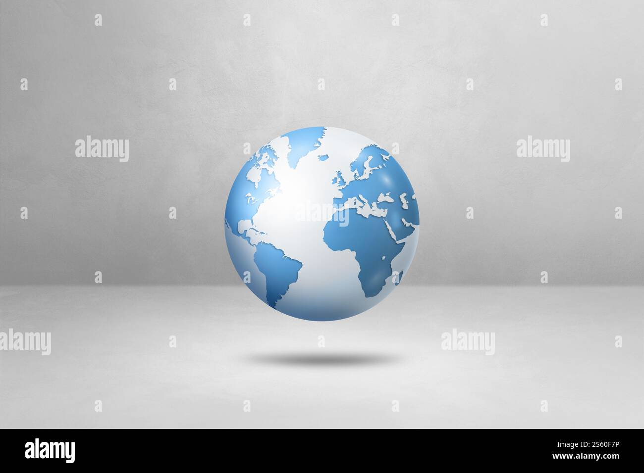 World globe, light blue earth map, floating over a white background. 3D ...
