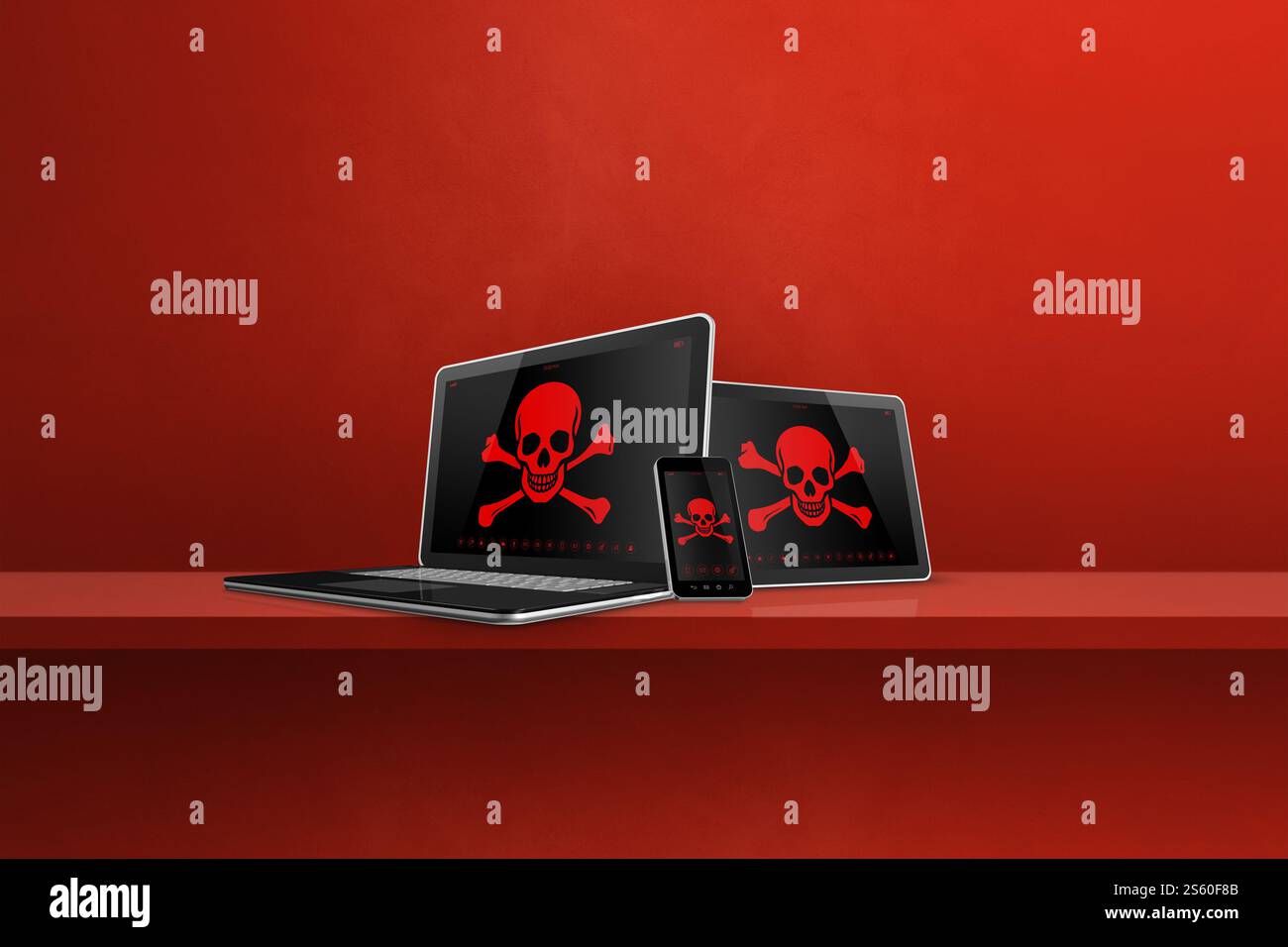 Laptop tablet pc and smartphone on a shelf with pirate symbols on ...