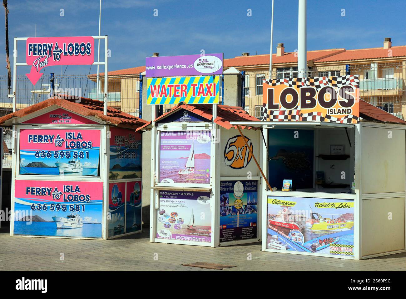 Corralejo harbour, ferry boat and water taxi ticket booths for Lobos ...