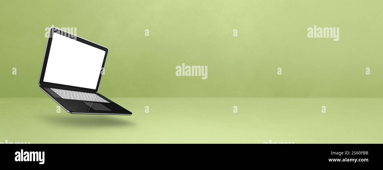 Blank computer laptop floating over a green background. 3D isolated ...