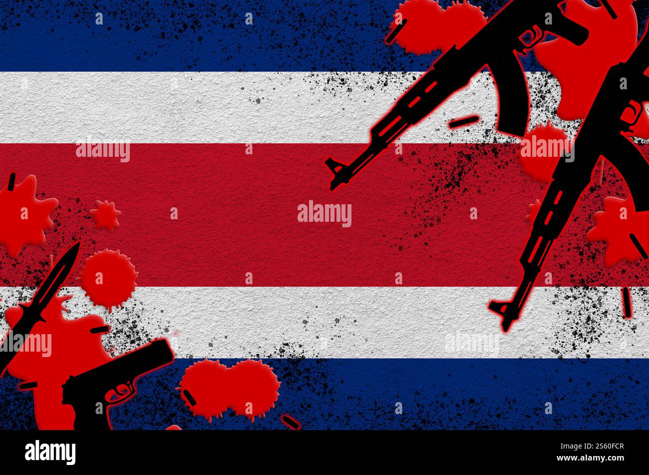 Costa Rica flag and guns in red blood. Concept for terror attack and ...