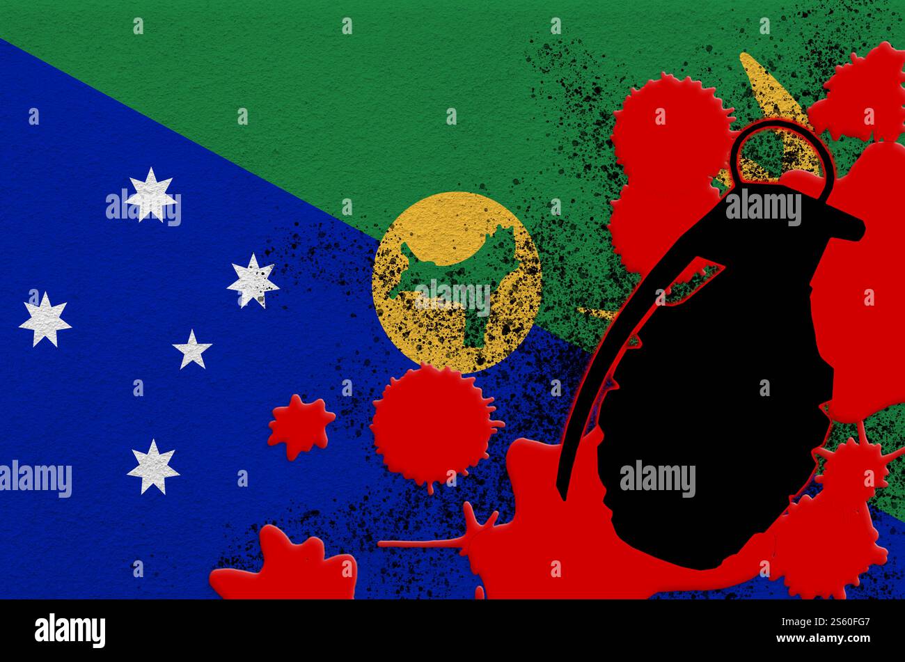 Christmas island flag and MK2 frag grenade in red blood. Concept for ...